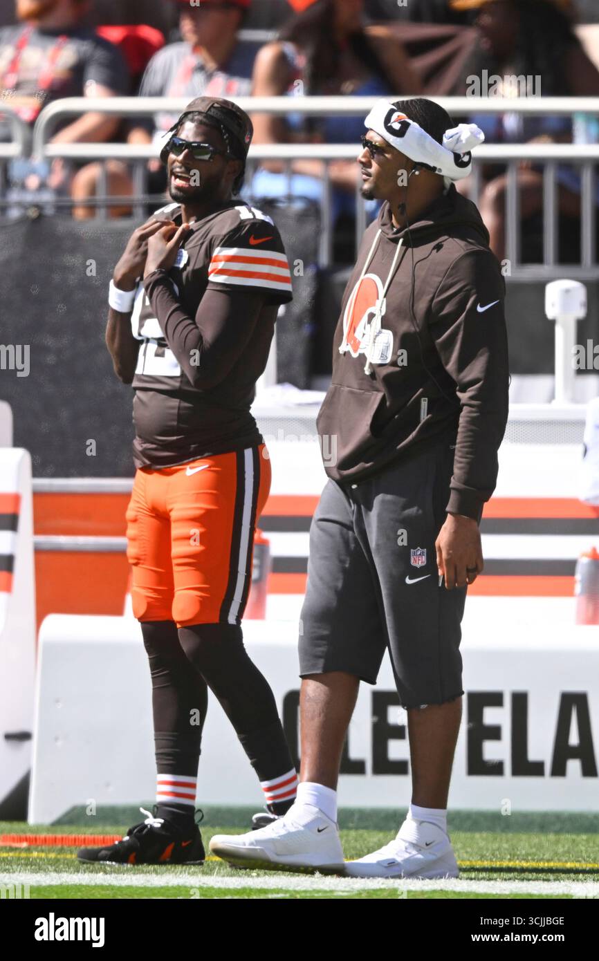 Cleveland Browns quarterback Shedeur Sanders (12) talks to quarterback ...