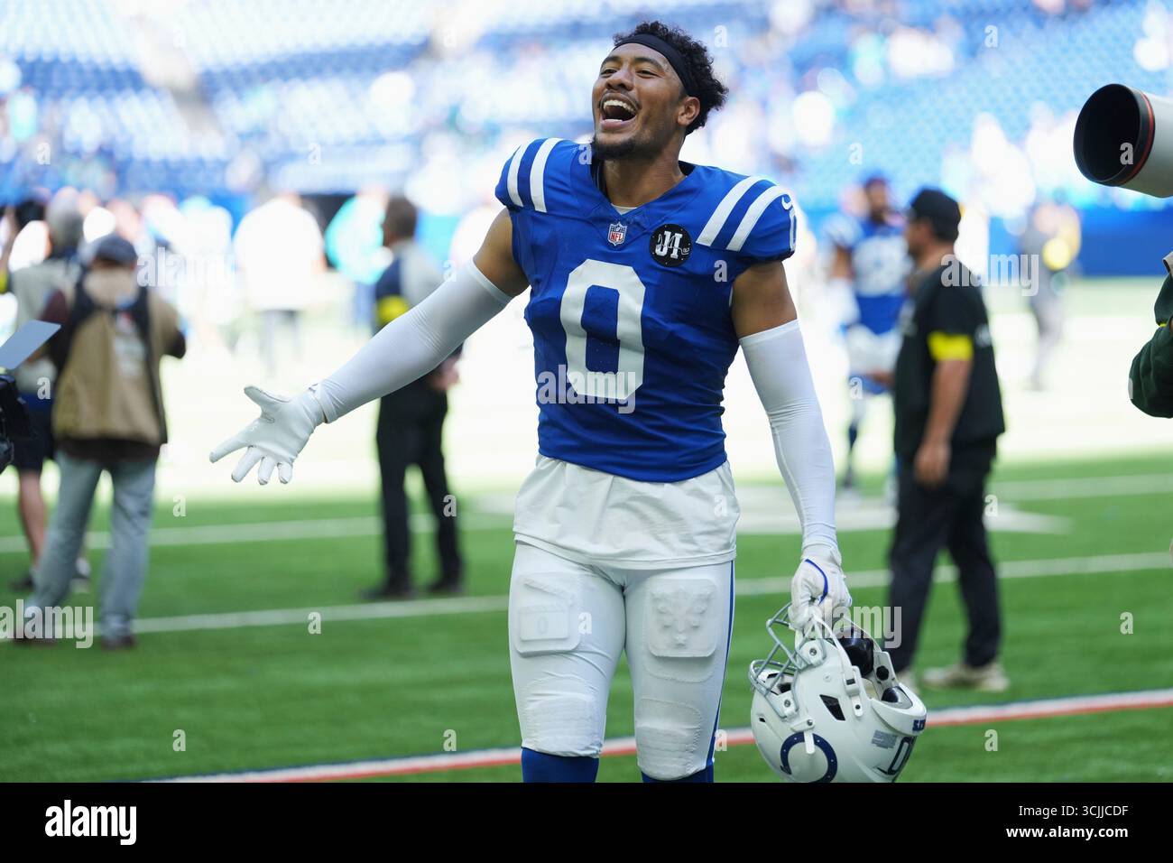 Indianapolis Colts safety Cam Bynum (0) reacts after an NFL football ...