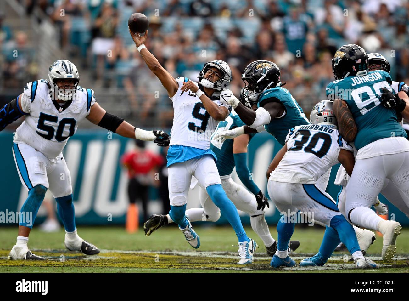 Carolina Panthers quarterback Bryce Young (9) throws against ...