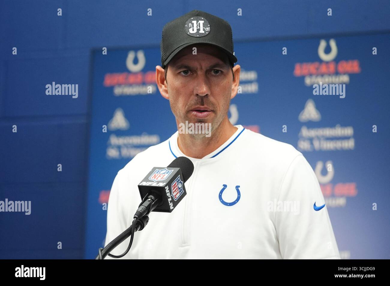 Indianapolis Colts head coach Shane Steichen speaks during a news ...