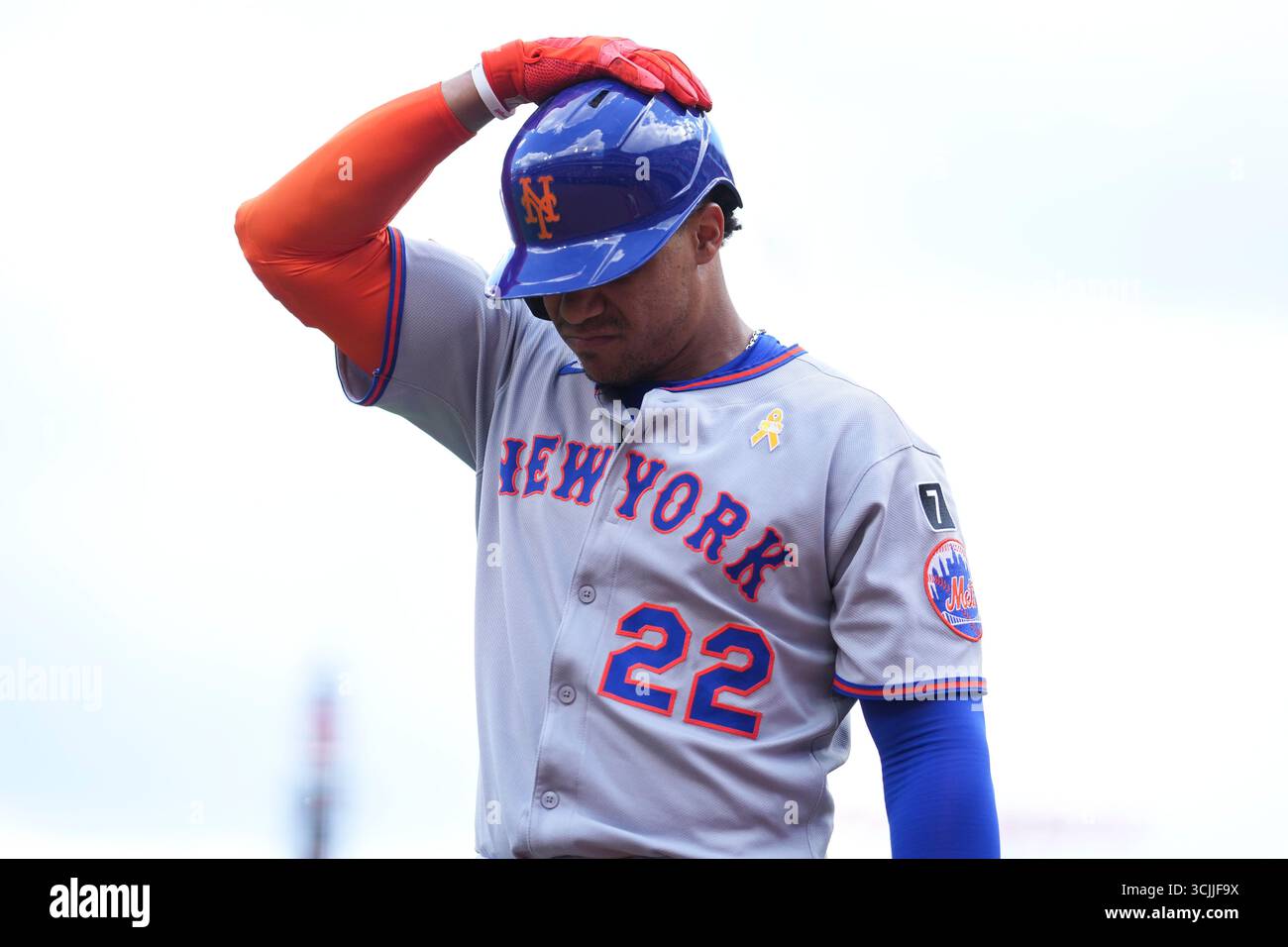 New York Mets' Juan Soto reacts after striking out during the first ...