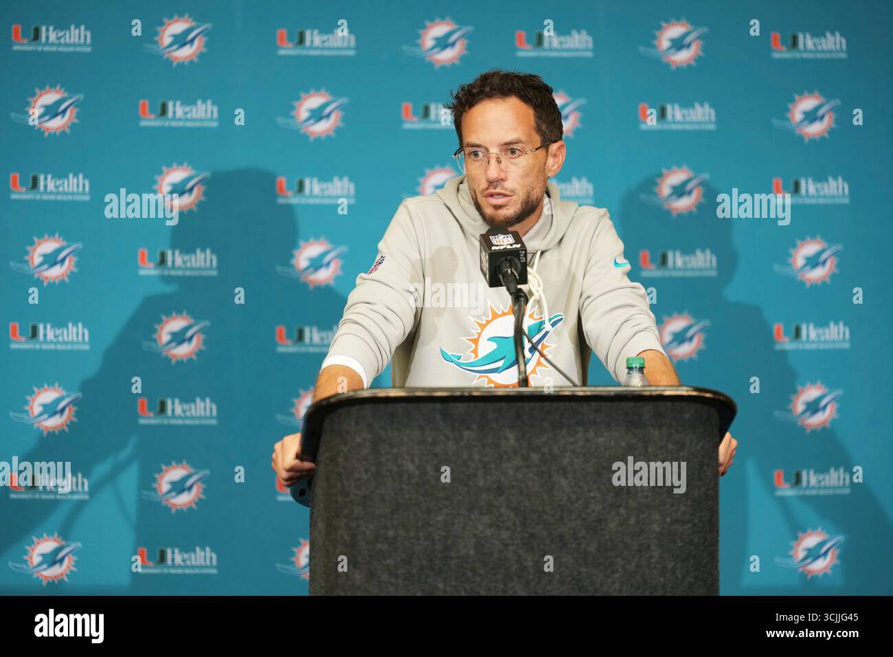 Miami Dolphins head coach Mike McDaniel speaks during a news conference after an NFL football ...