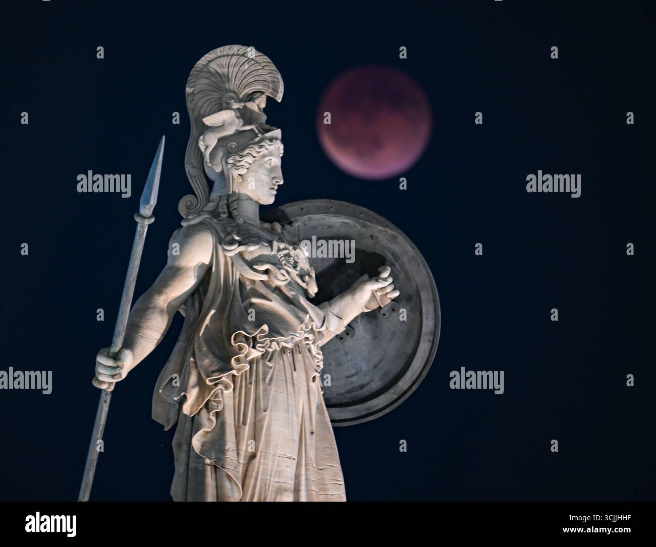 Athens, Greece, 7 September 2025. A red full moon also known as ''Blood Moon'' is seen in the ...