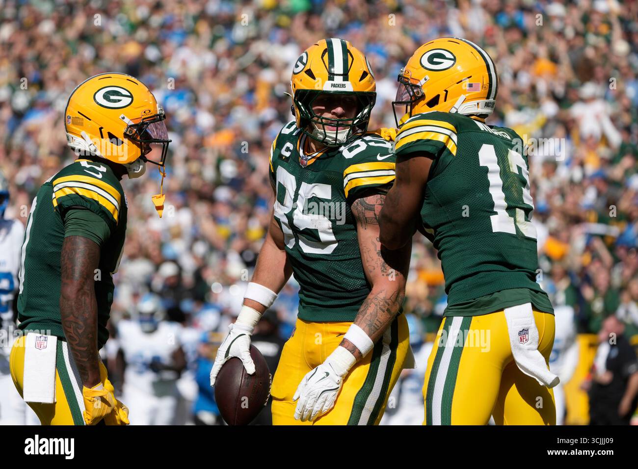 Green Bay Packers tight end Tucker Kraft (85) celebrates his 15-yard ...