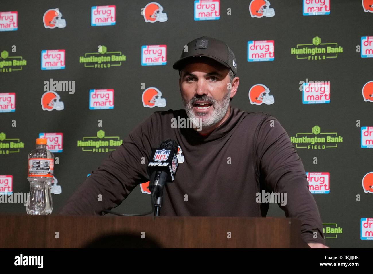 Cleveland Browns head coach Kevin Stefanski answers questions after an ...
