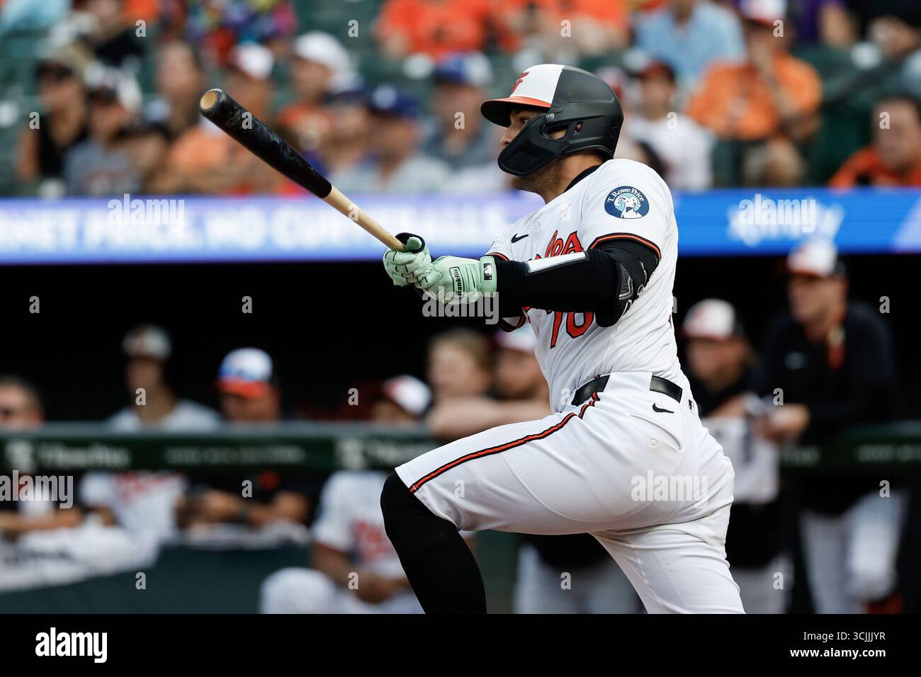 Baltimore Orioles' Alex Jackson follows through on his swing after ...
