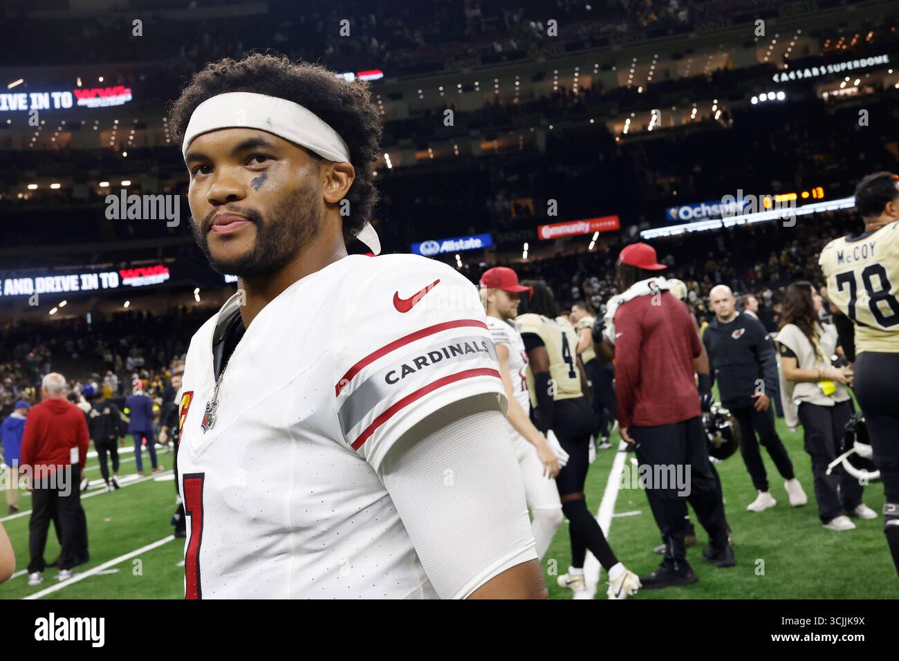 Arizona Cardinals quarterback Kyler Murray walks off the field after an ...