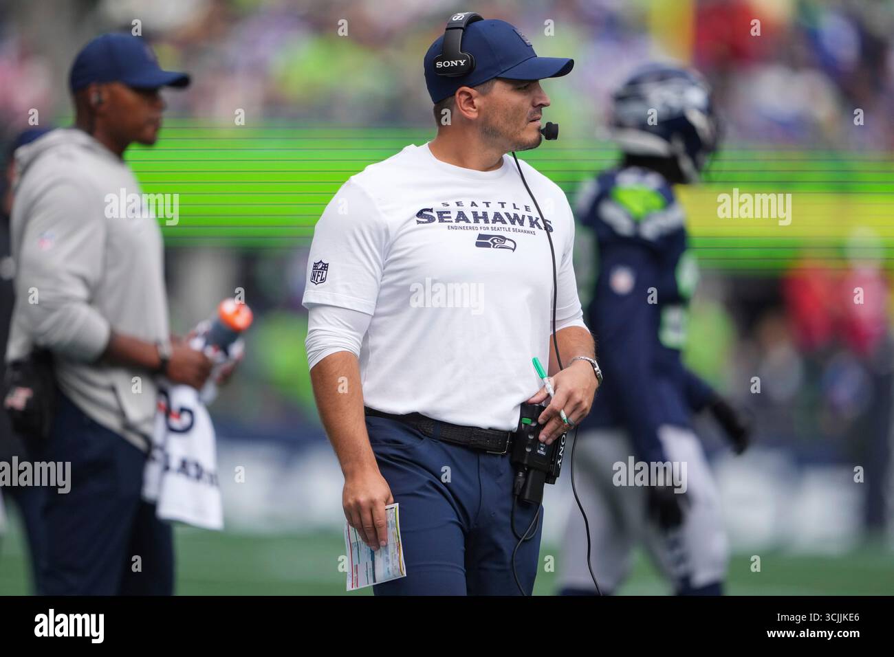 Seattle Seahawks head coach Mike Macdonald looks on from the sideline ...