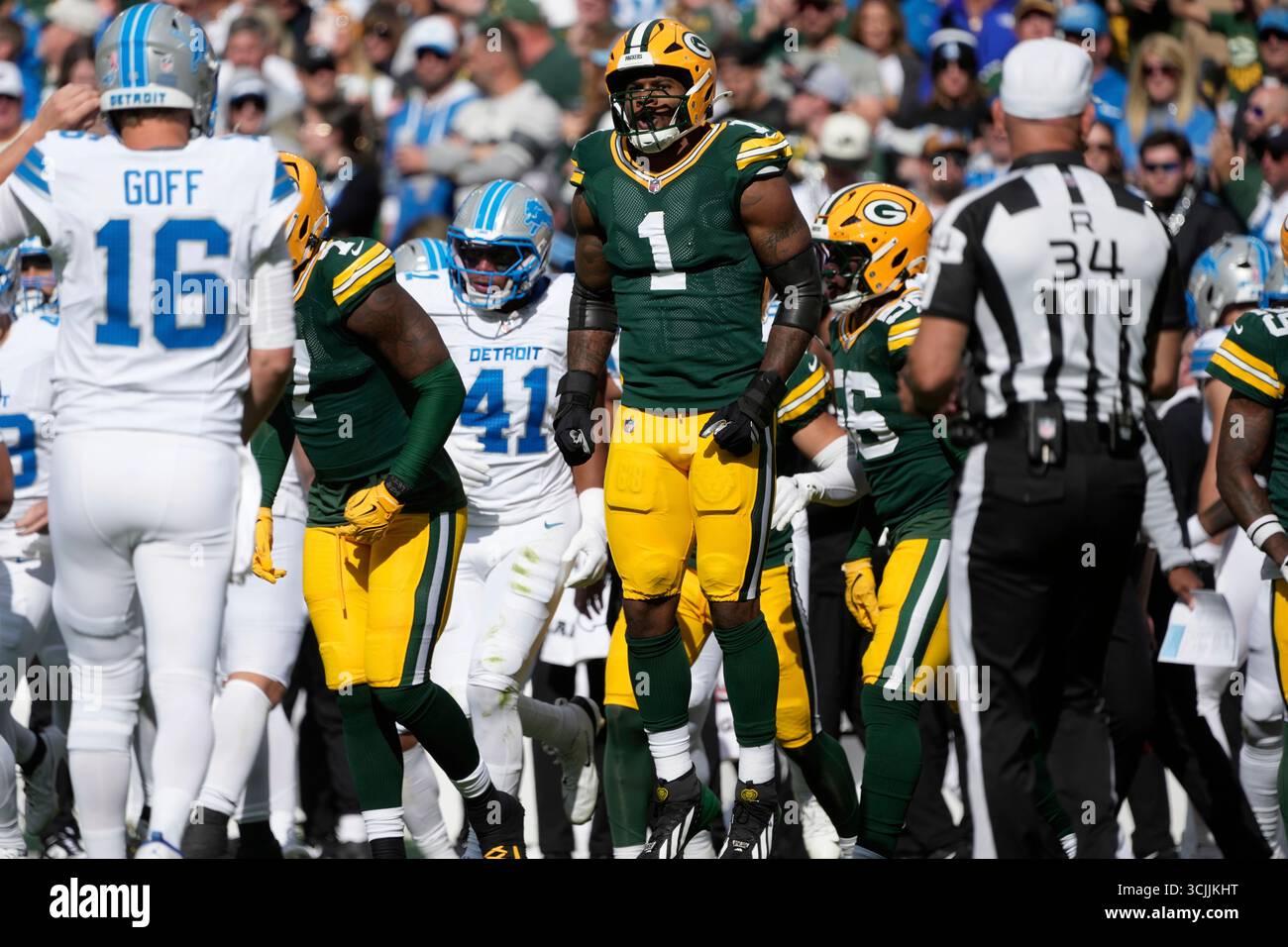 Green Bay Packers defensive end Micah Parsons (1) reacts after his ...