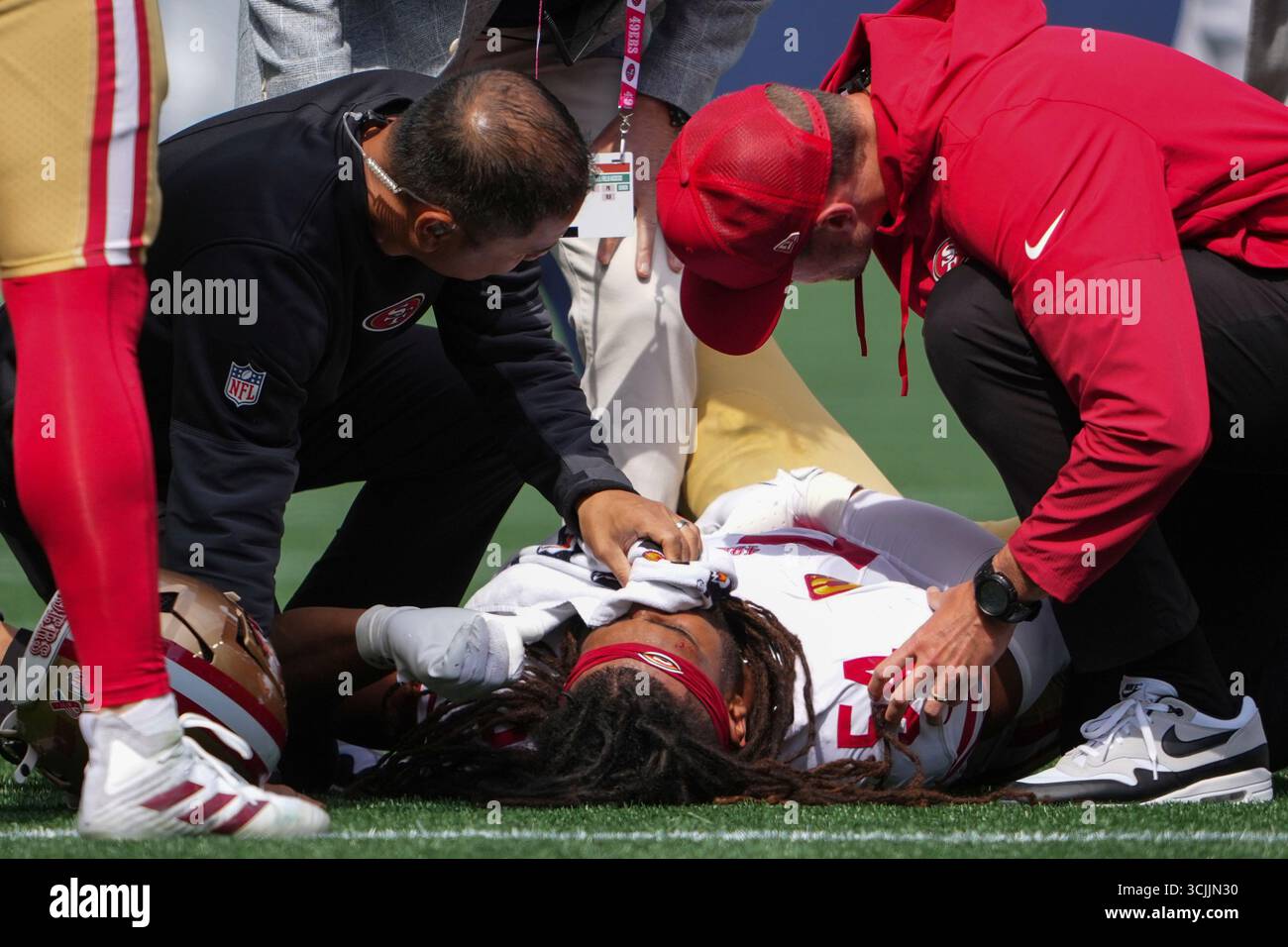 San Francisco 49ers linebacker Fred Warner (54) is looked at after a ...