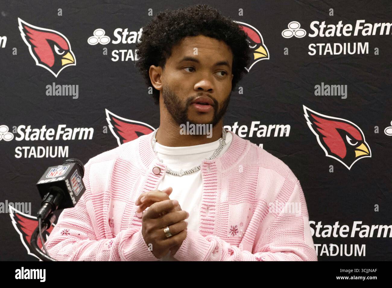 Arizona Cardinals quarterback Kyler Murray pauses before answering a question during a news ...