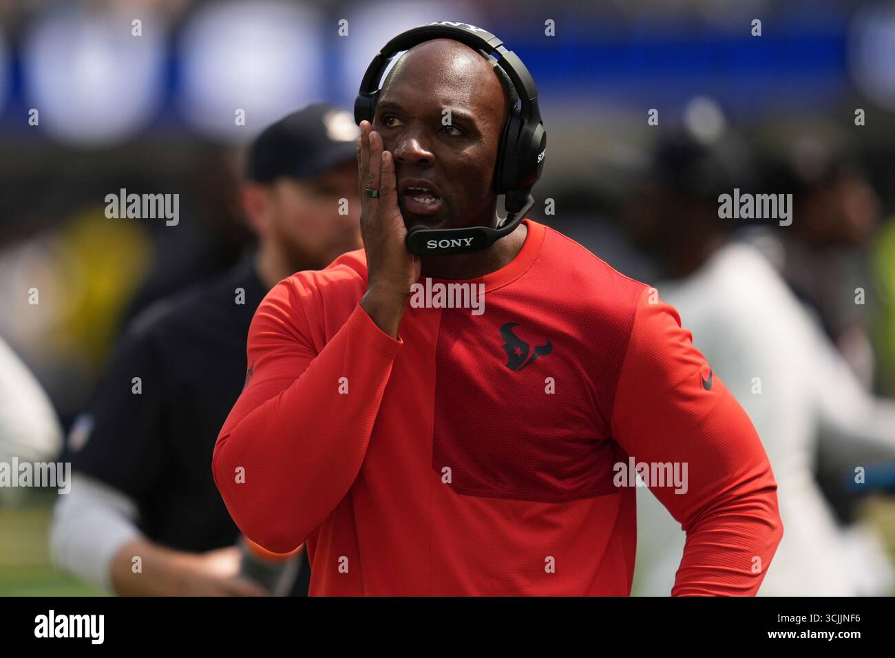 Houston Texans head coach DeMeco Ryans reacts on the sideline during the first half of an NFL ...