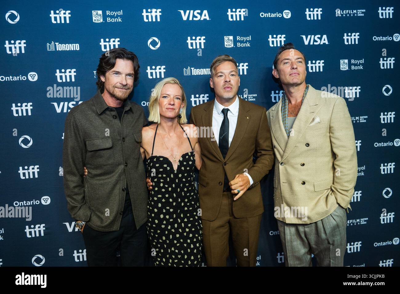Jason Bateman, left to right, Kate Susman, Zach Baylin and Jude Law pose for photos on the red ...