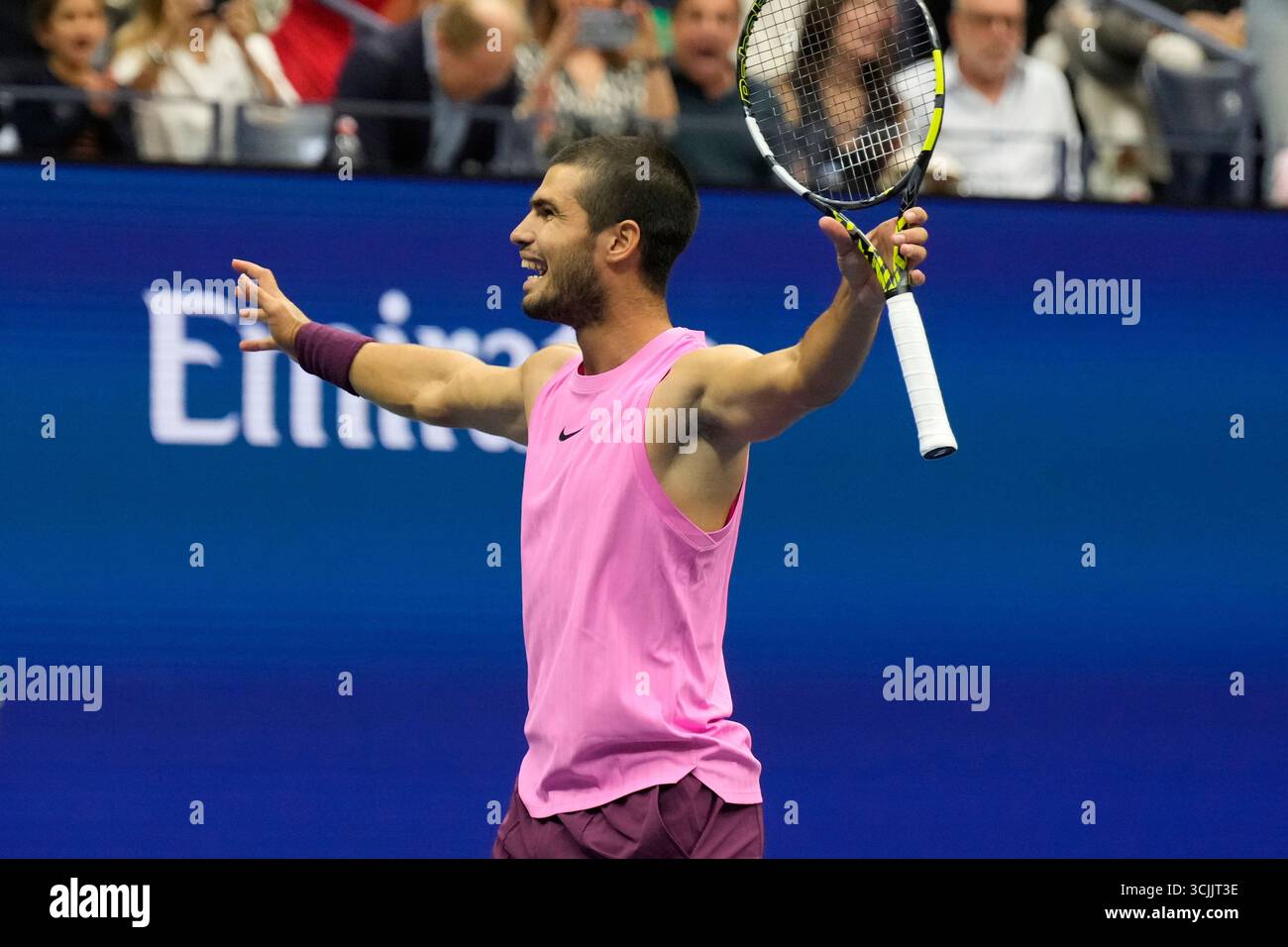 Carlos Alcaraz, of Spain, reacts after defeating Jannik Sinner, of ...