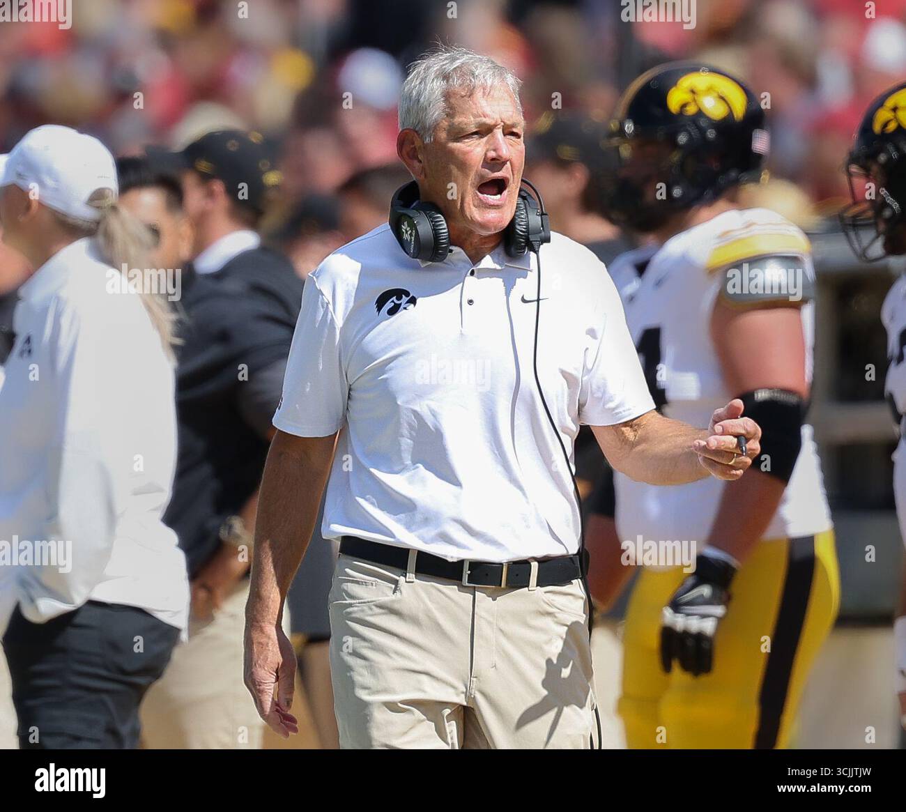 Ames, IA, USA. 6th Sep, 2025. Iowa head coach Kirk Ferentz on the ...