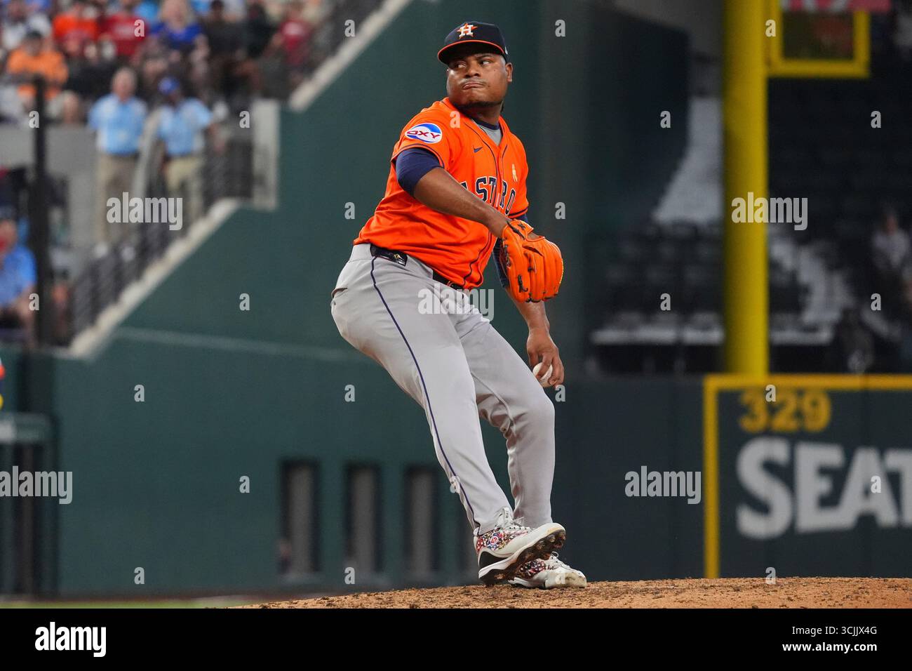 Houston Astros starting pitcher Framber Valdez winds up to throw during ...