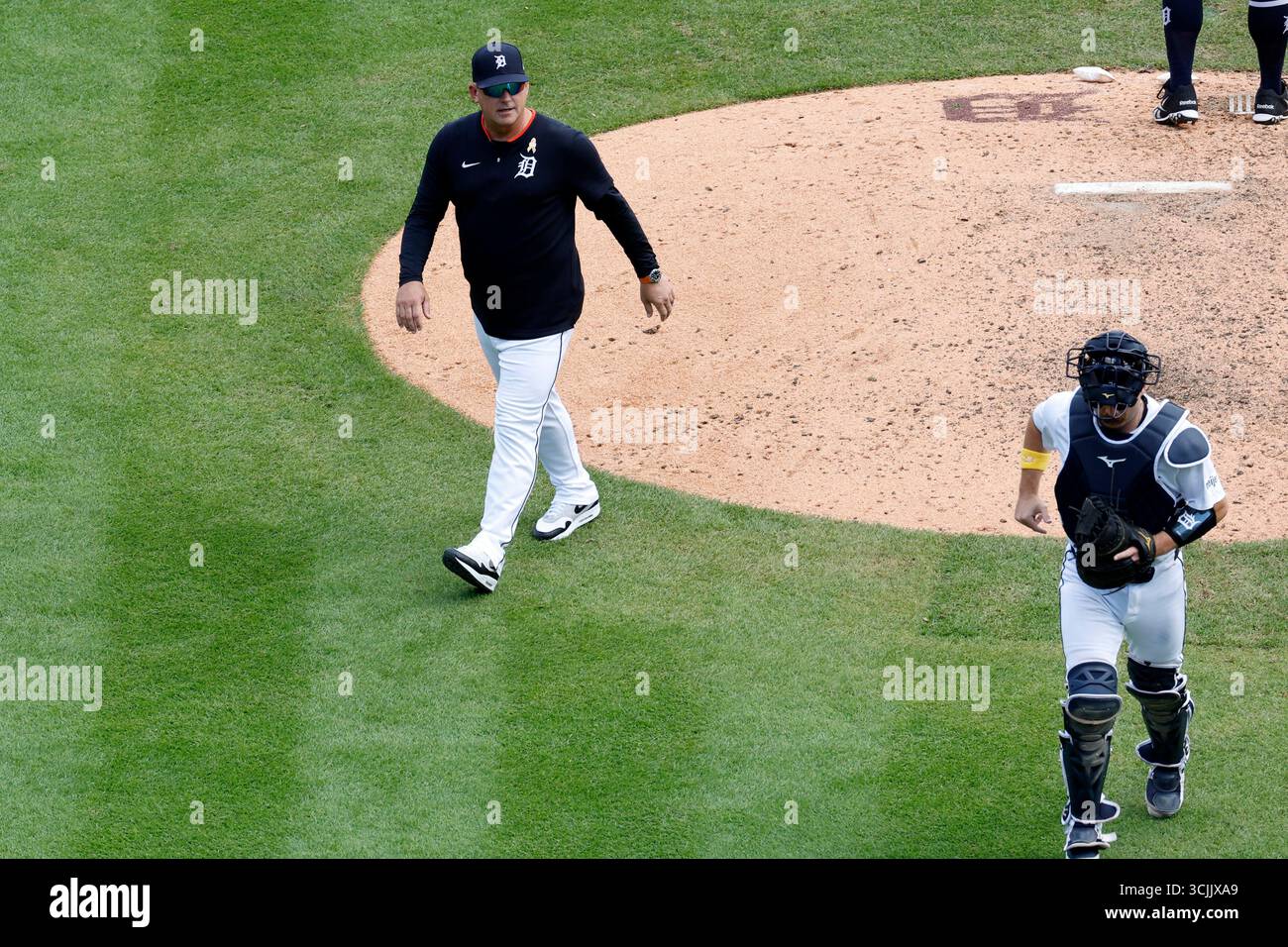 Detroit Tigers Manager A.J. Hinch and catcher Jake Rogers in the ...