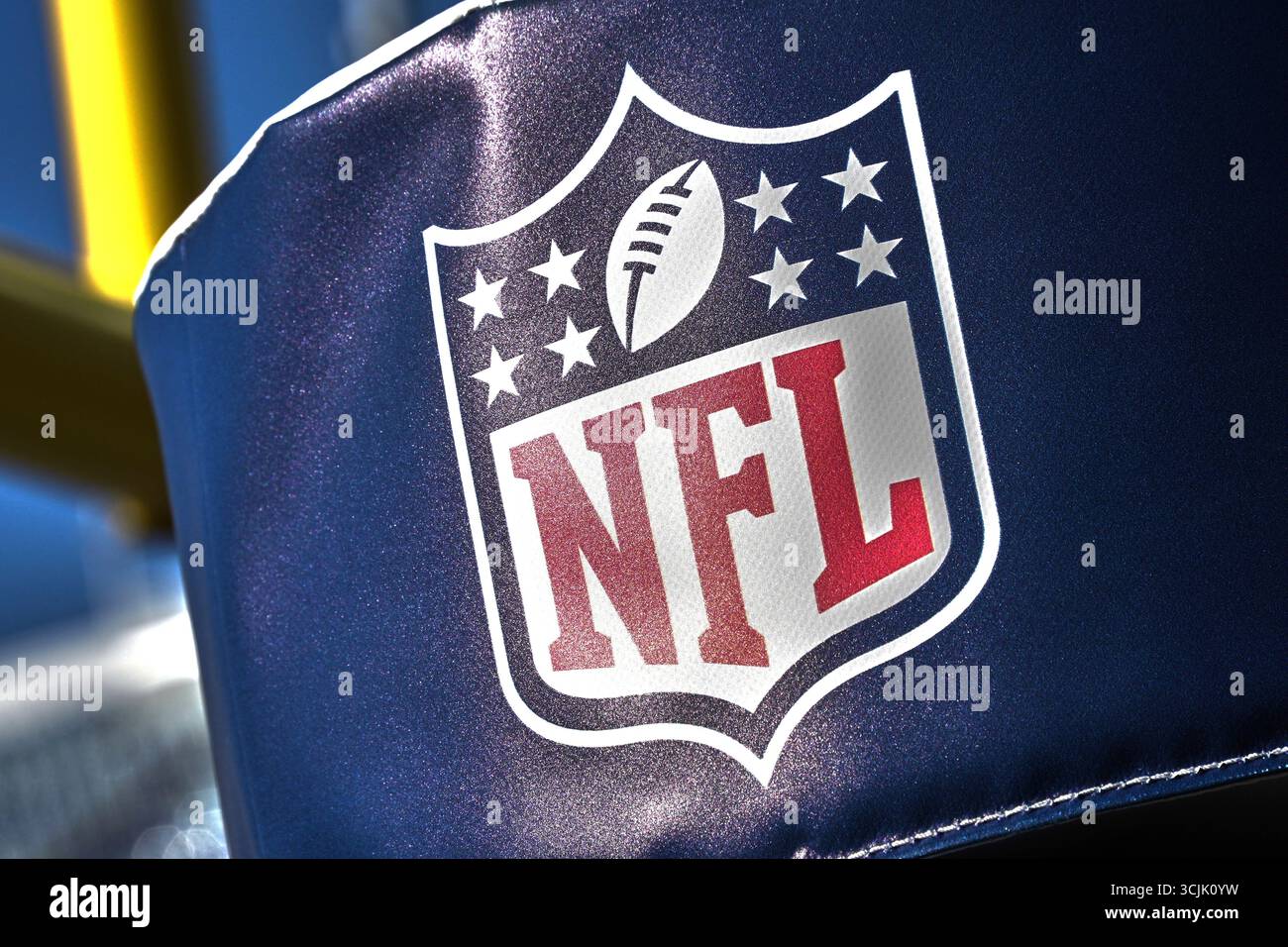 This is the NFL logo on a goalpost pad at Highmark Stadium before an ...