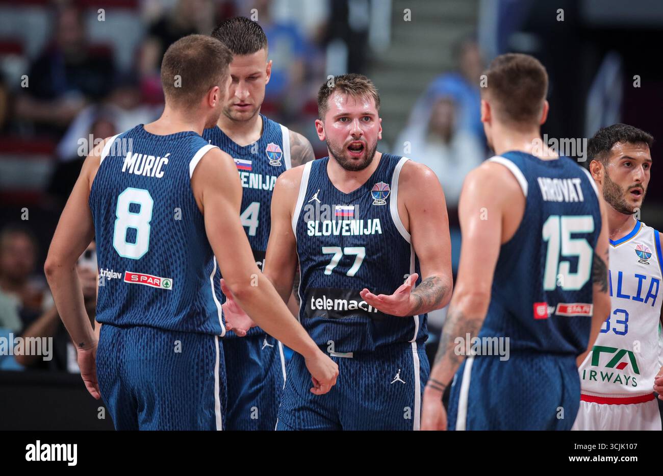 RIGA, LATVIA - SEPTEMBER 07: Luka Doncic of Slovenia with his teammates ...