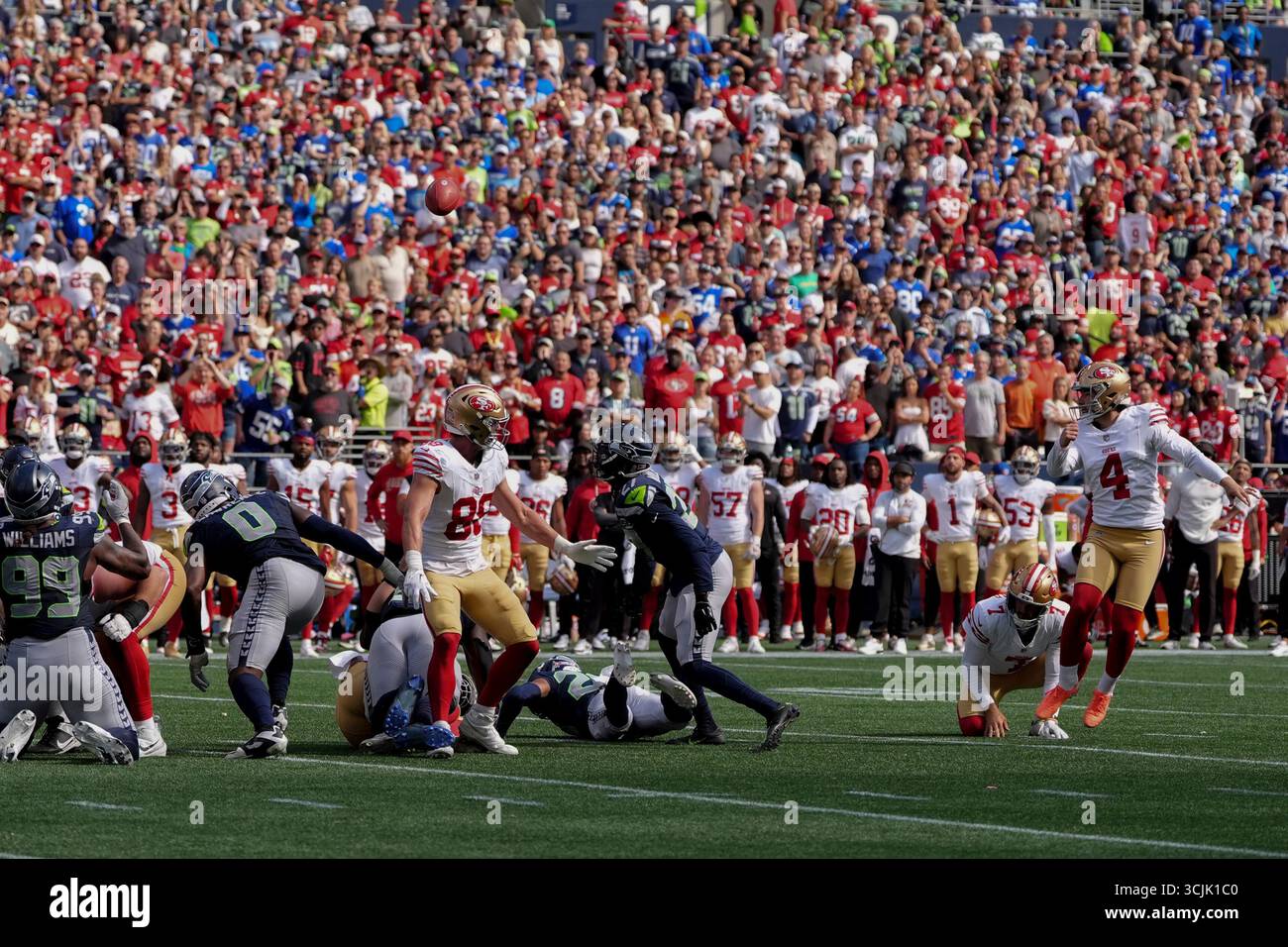 San Francisco 49ers place-kicker Jake Moody (4) has his field goal ...
