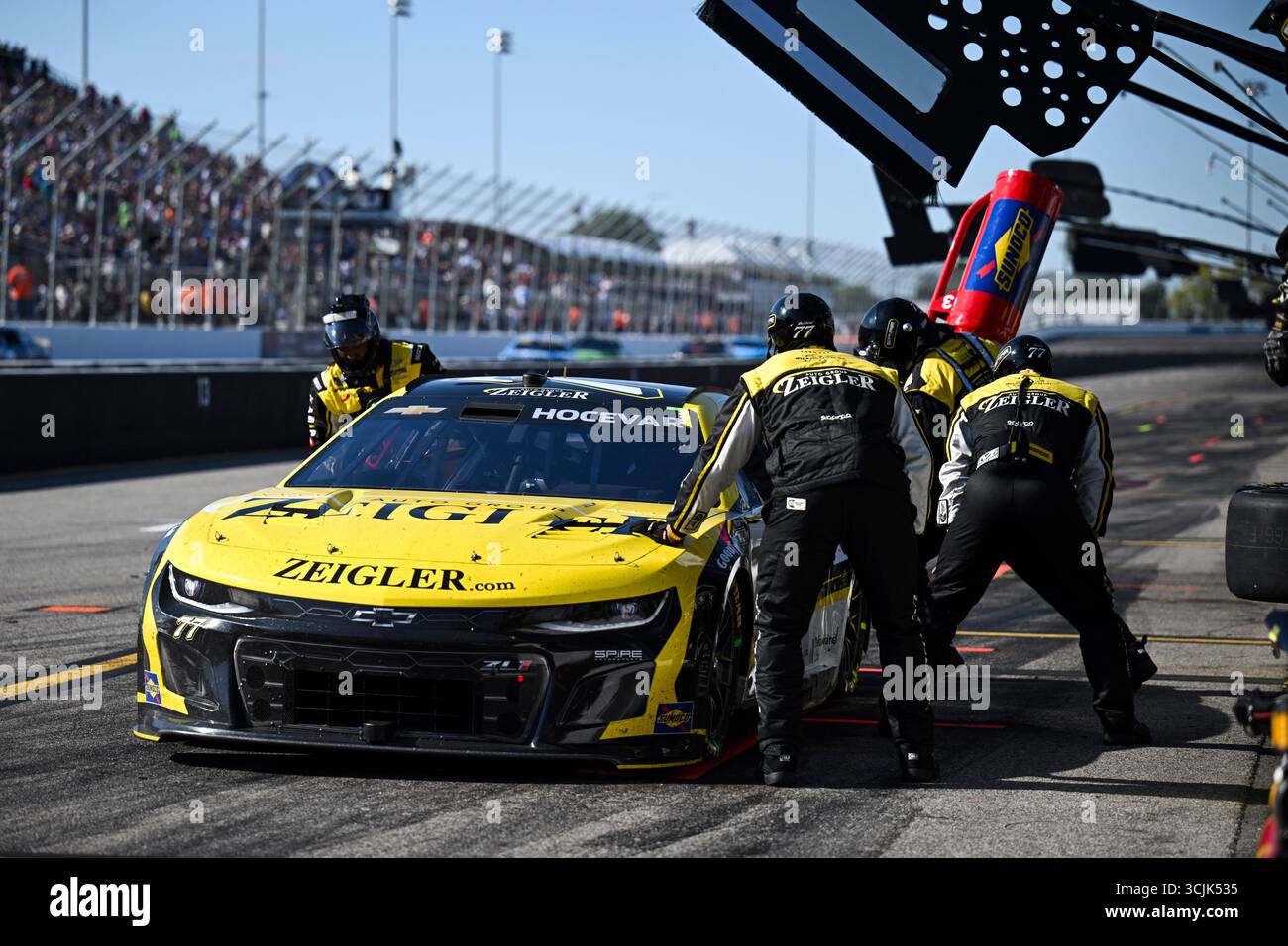 Carson Hocevar pits during a NASCAR Cup Series auto race at World Wide ...