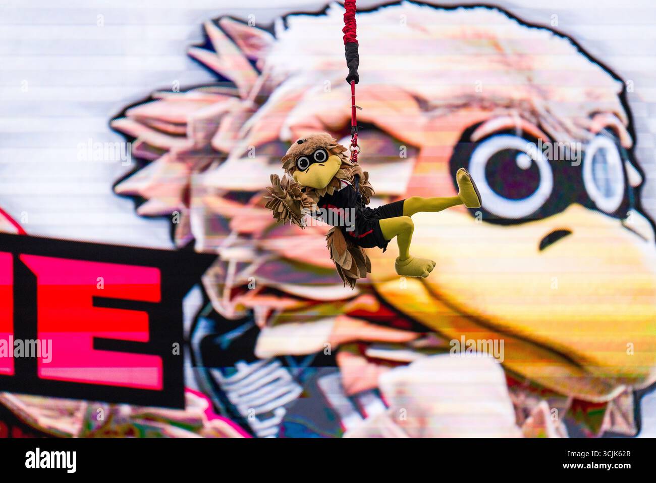 Atlanta Falcons mascot Freddie Falcon zip-lines onto the field before ...