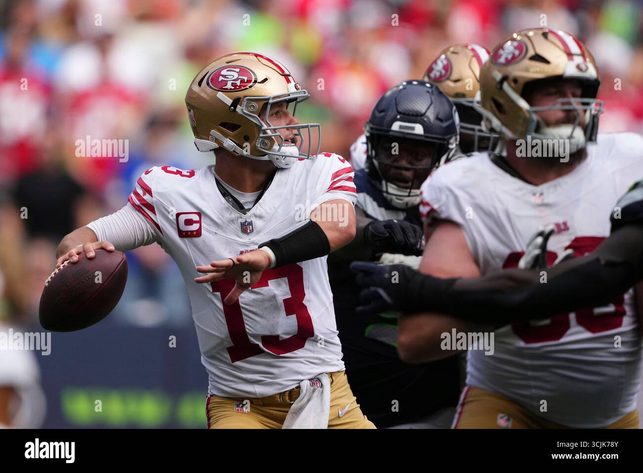 Seattle Seahawks linebacker Ernest Jones IV (13) looks to throw during ...