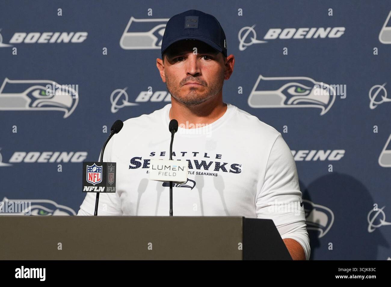 Seattle Seahawks head coach Mike Macdonald speaks during a press ...