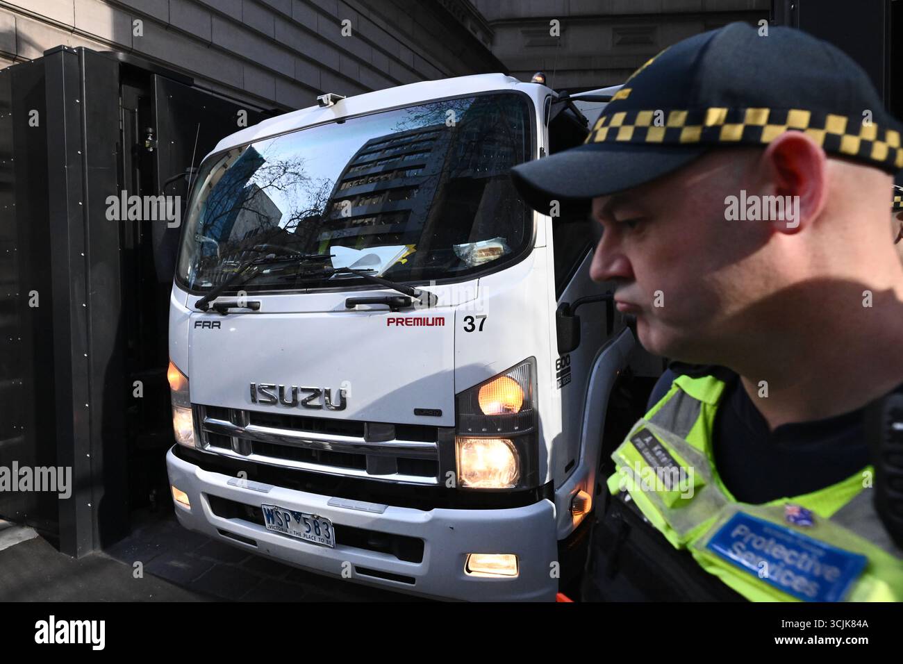 A prison van transporting Erin Patterson arrives at the Supreme Court of Victoria in Melbourne ...