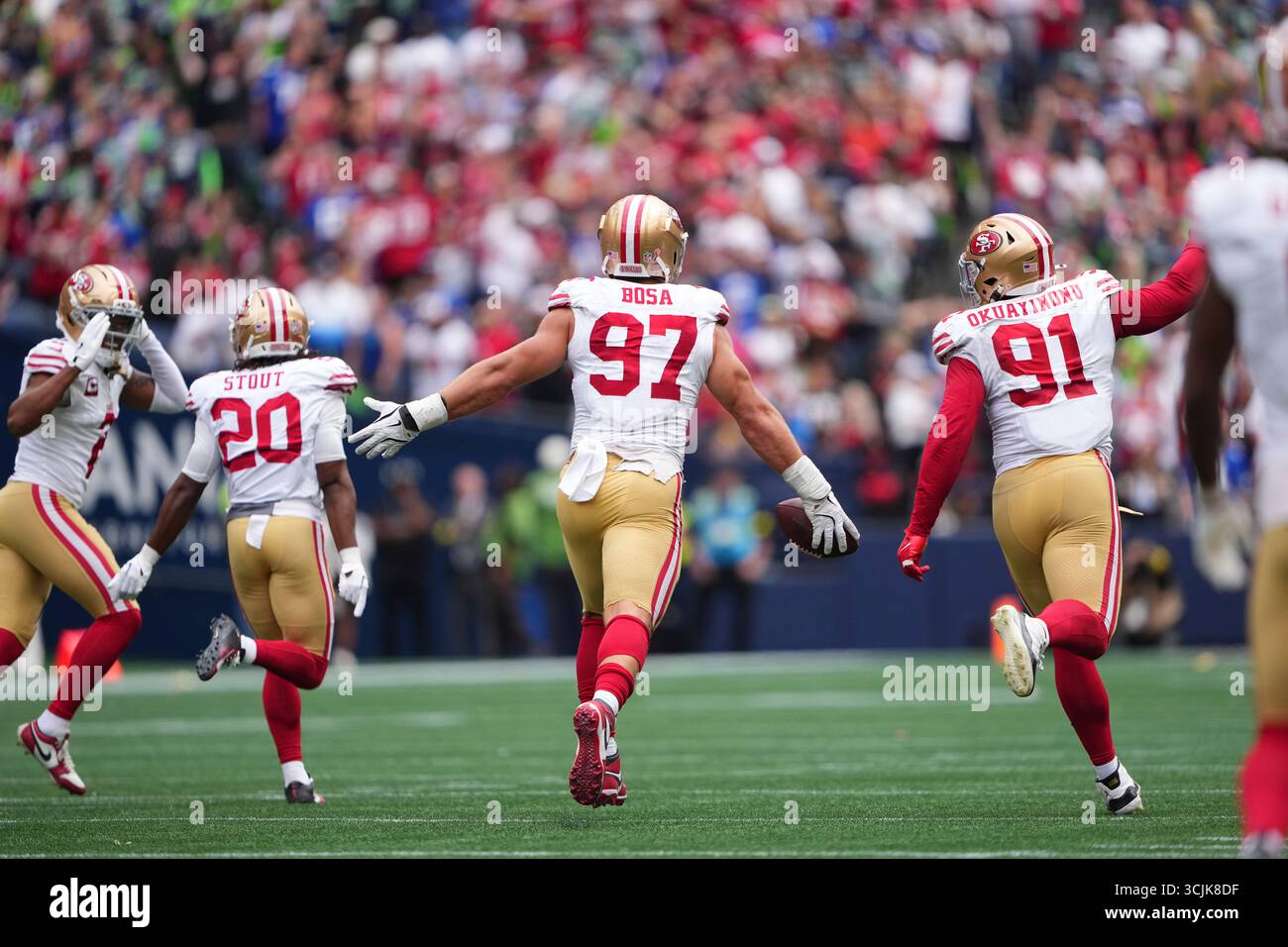 San Francisco 49ers defensive end Nick Bosa (97) runs down the field ...