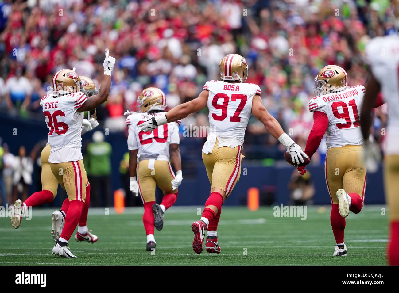 San Francisco 49ers defensive end Nick Bosa (97) runs down the field ...
