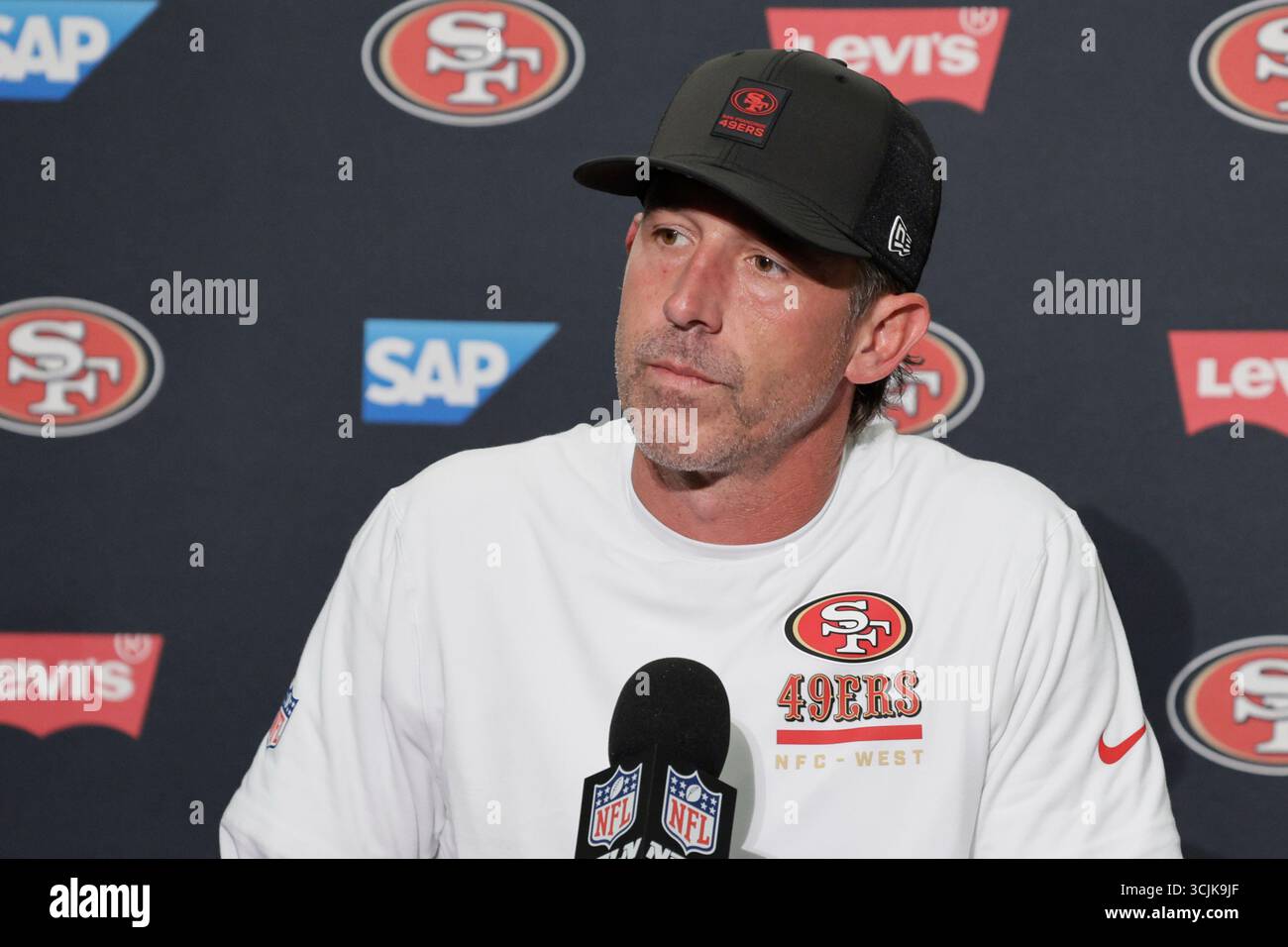 San Francisco 49ers head coach Kyle Shanahan speaks during a news ...