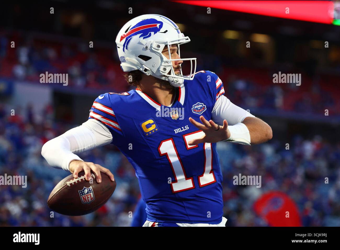 Buffalo Bills quarterback Josh Allen (17) throws before an NFL football ...