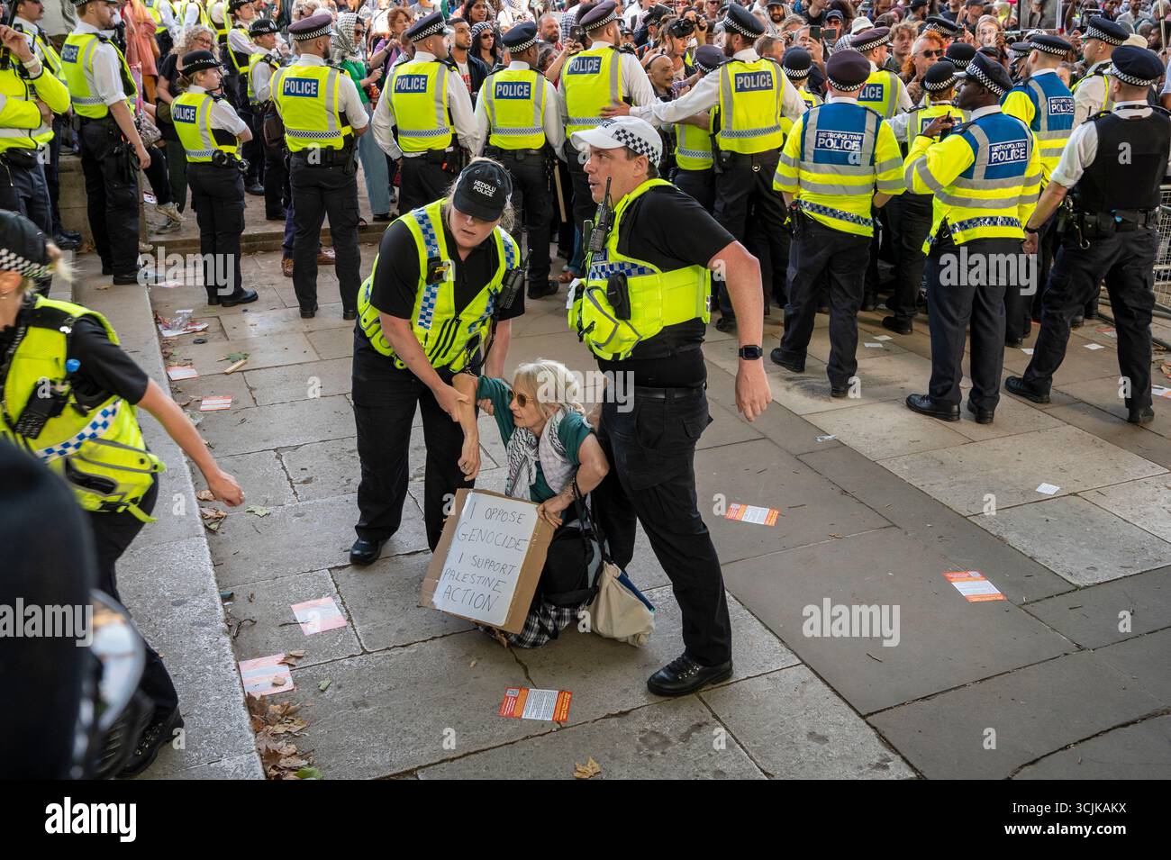 Palestine Action Demo 6th August 2025. An elderly woman kneels on the ...