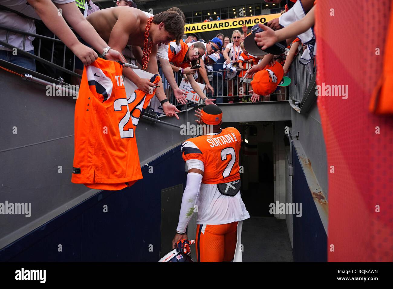 Denver Broncos cornerback Pat Surtain II (2) thanks the fans post game ...
