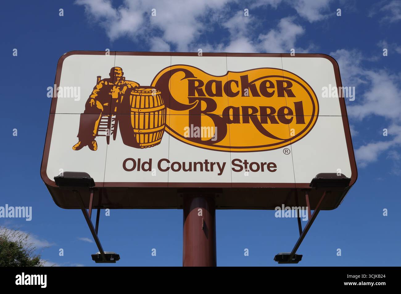 The Cracker Barrel logo is seen on a sign outside of a Cracker Barrel ...