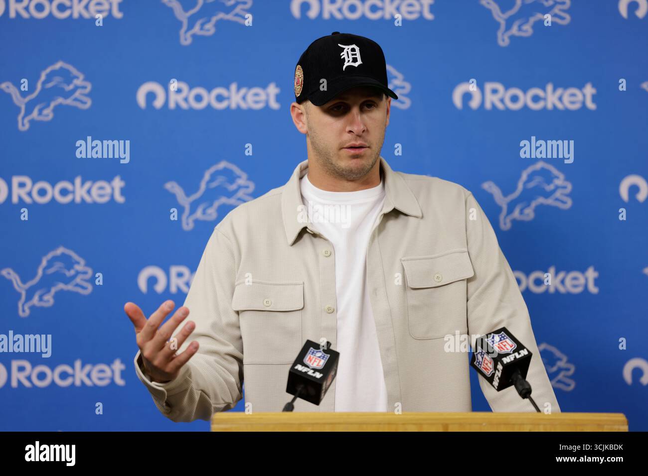 Detroit Lions quarterback Jared Goff talks to the media after an NFL ...