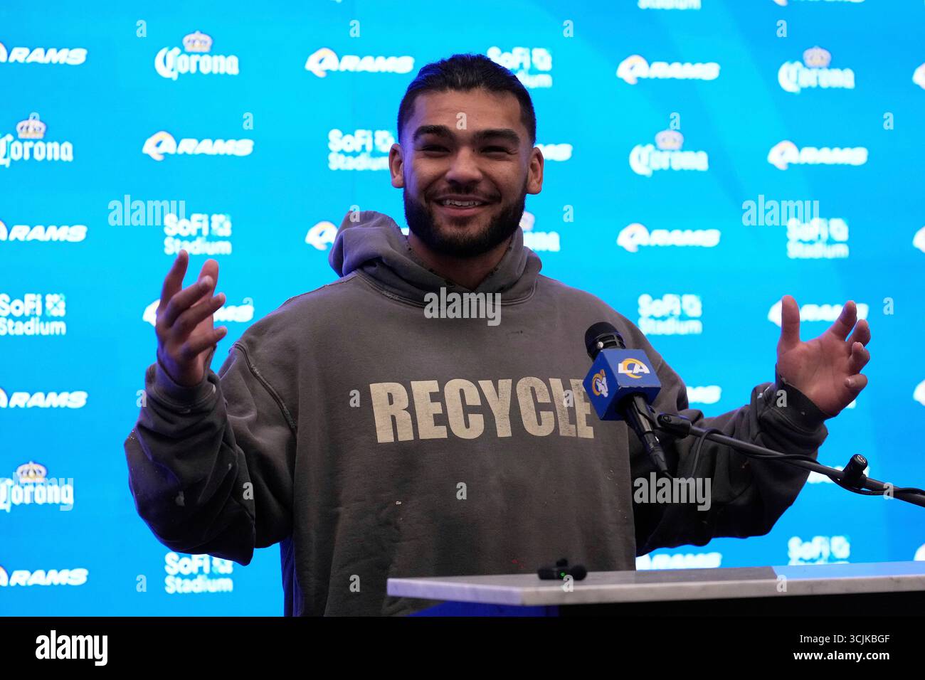 Los Angeles Rams wide receiver Puka Nacua speaks at a news conference ...