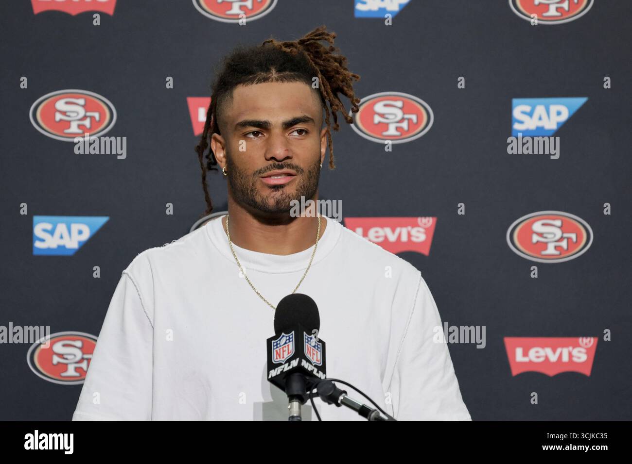 San Francisco 49ers linebacker Fred Warner speaks during a press ...