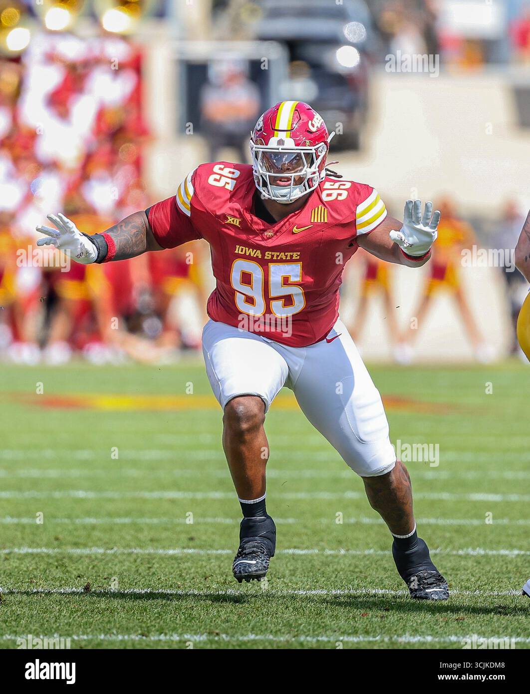 September 6, 2025: Iowa State's Domonique Orange (95) begins his pass ...