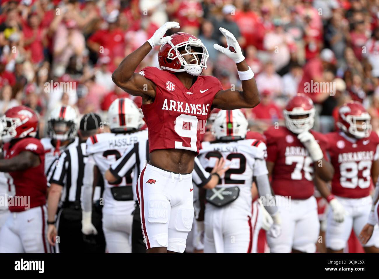 Arkansas wide receiver O'Mega Blake (9) celebrates after an Arkansas ...