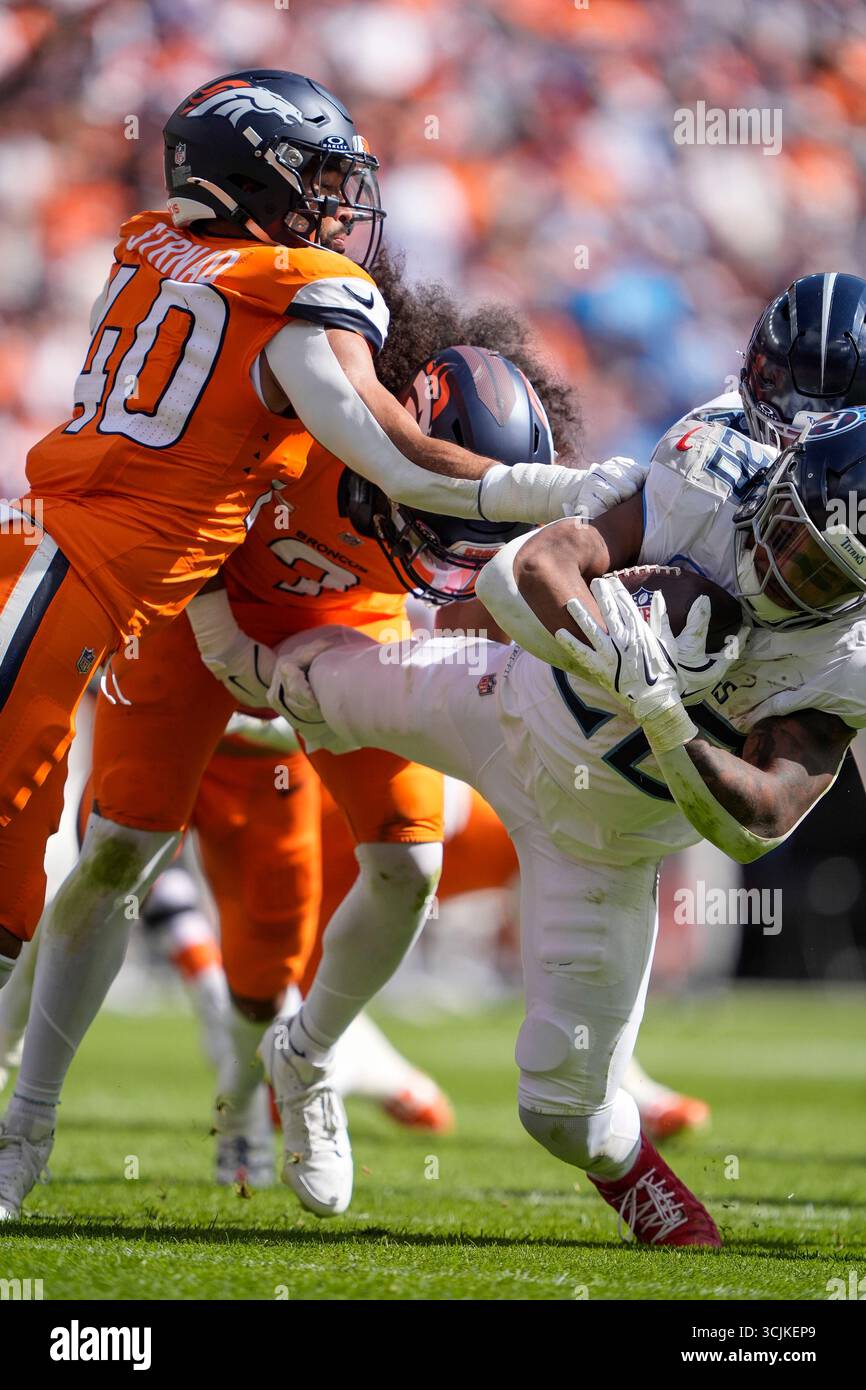 September 7, 2025: Denver Broncos linebacker Justin Strnad (40) knocks ...