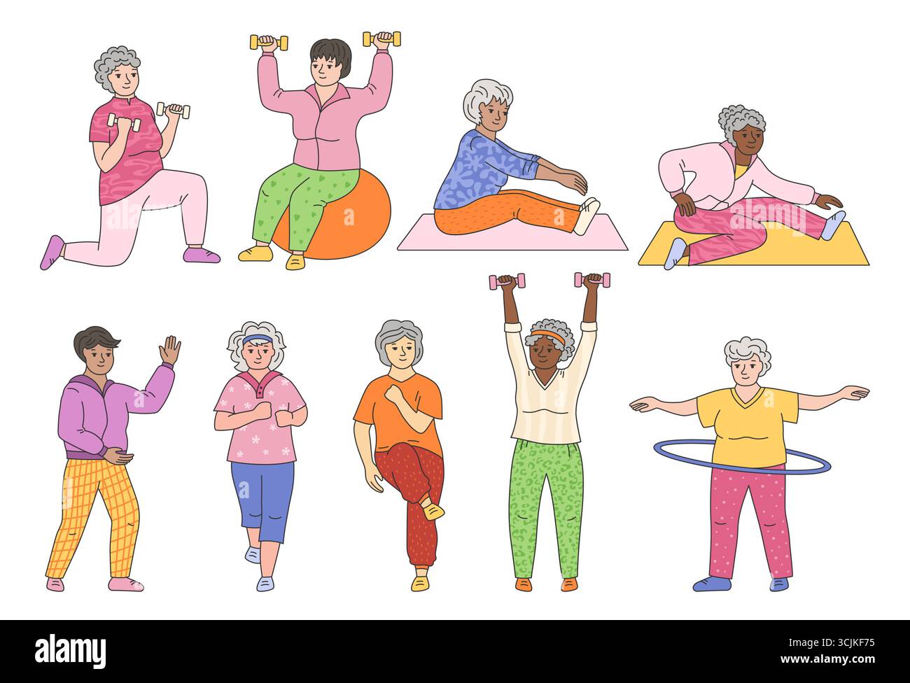 Older people women play sports line cartoon set. Elderly characters old ...
