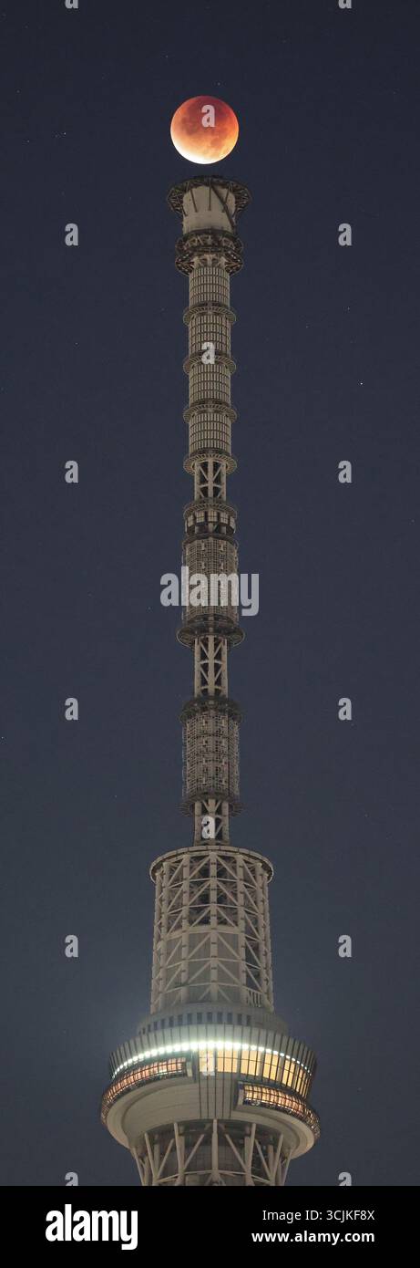 A total lunar eclipse is observed above the Tokyo Skytree in Tokyo on ...