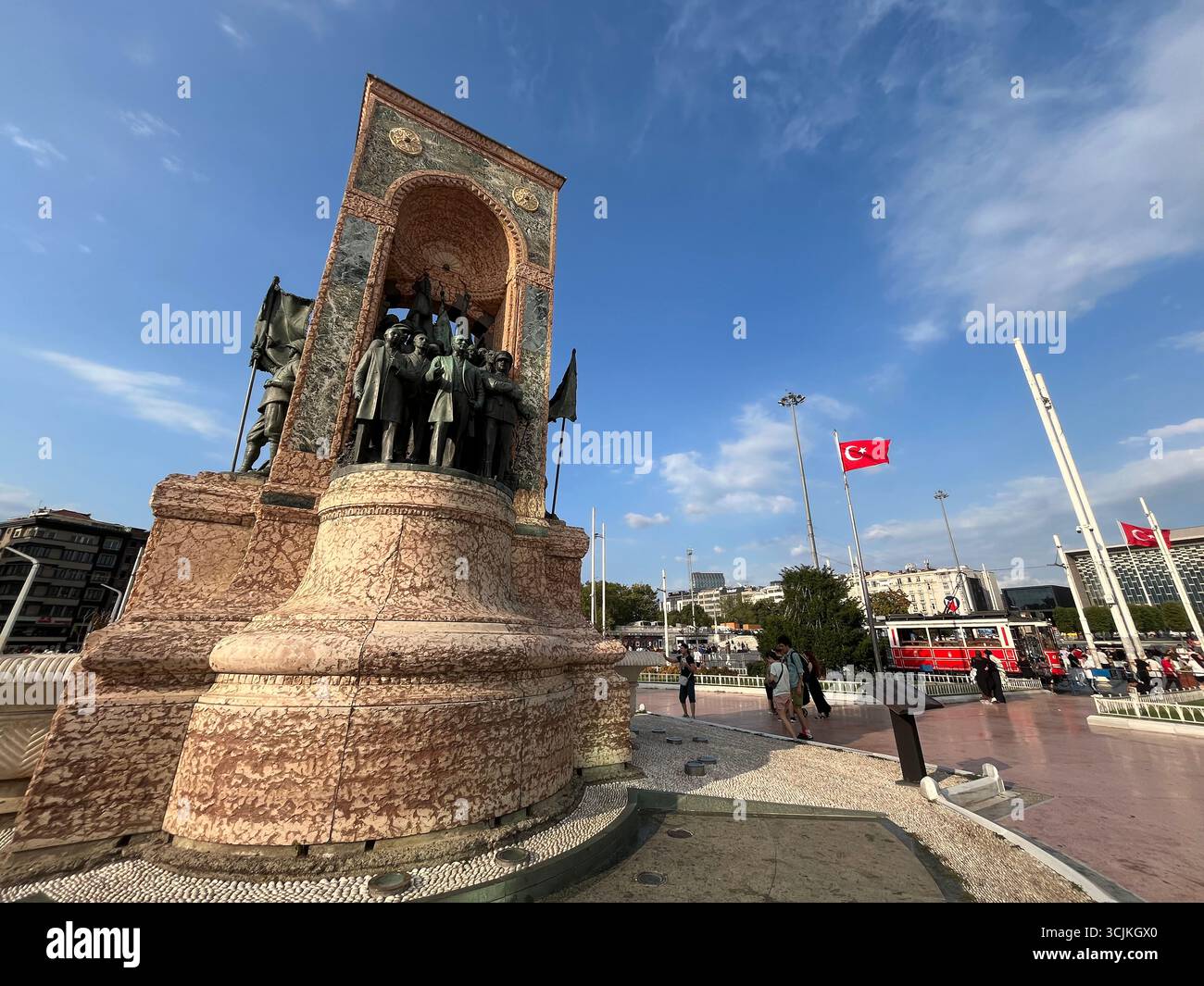 ISTANBUL, TURKEY - AUGUST 1: Republic Monument and nostalgic tram at ...