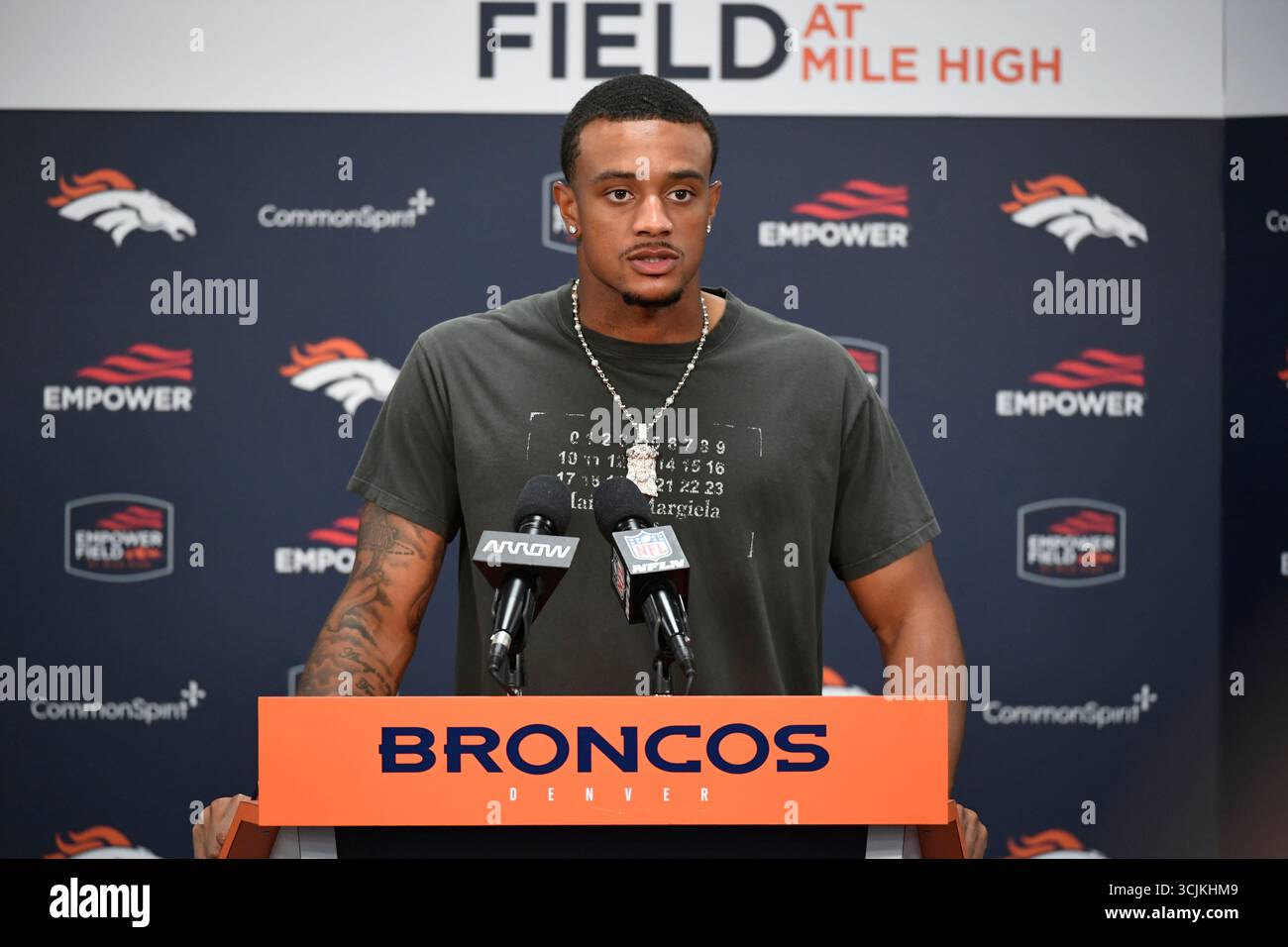 Denver Broncos cornerback Pat Surtain II responds to a question during ...