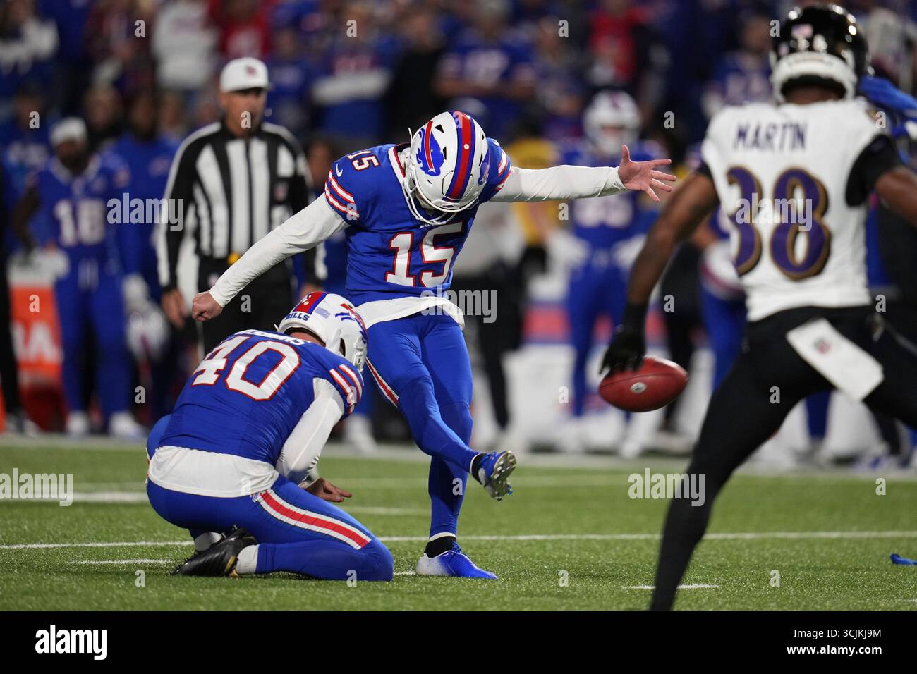 Buffalo Bills kicker Matt Prater (15) kicks a field goal against the Baltimore Ravens during the ...