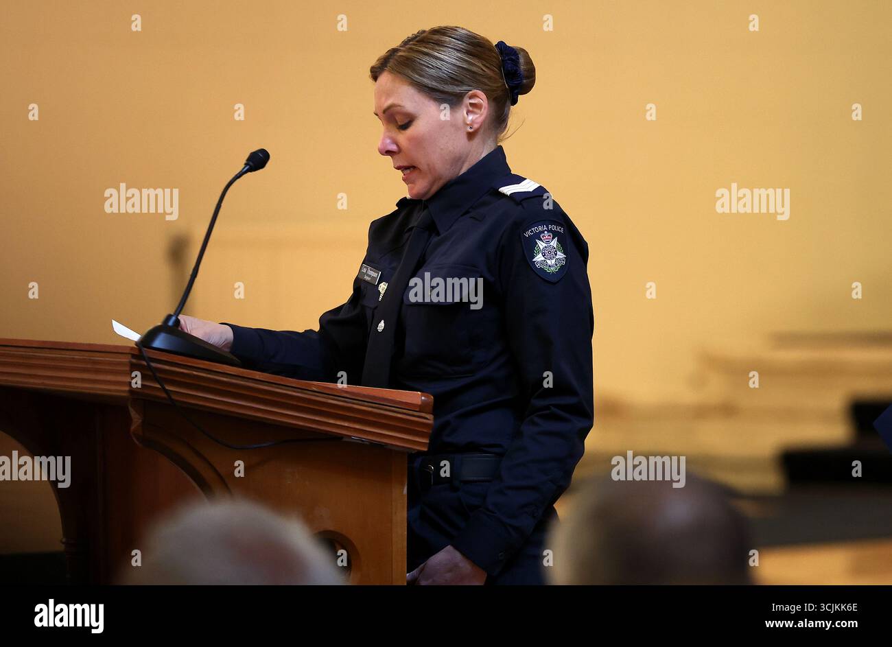 Sergeant Lisa Thompson, speaks during the funeral service for Detective ...