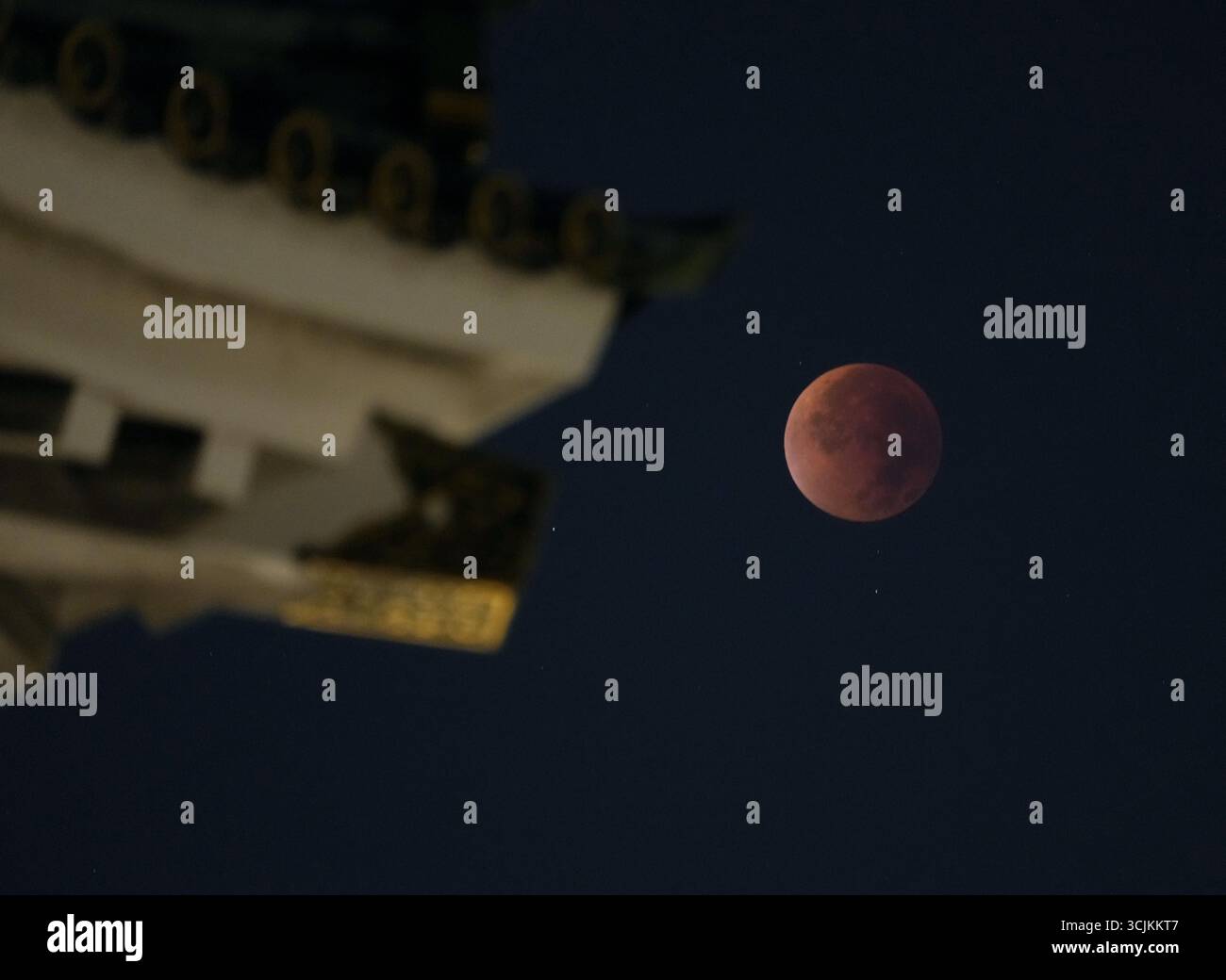 A total lunar eclipse is seen above Osaka Castle in the western Japan ...