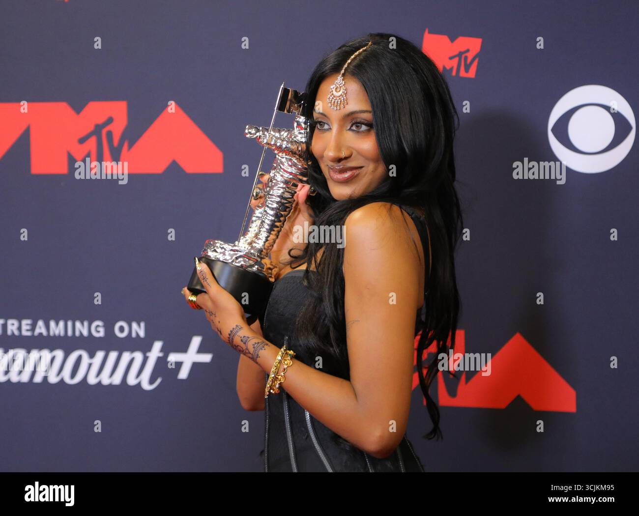 Lara Raj arrives in the press room at the 2025 MTV Video Music Awards ...